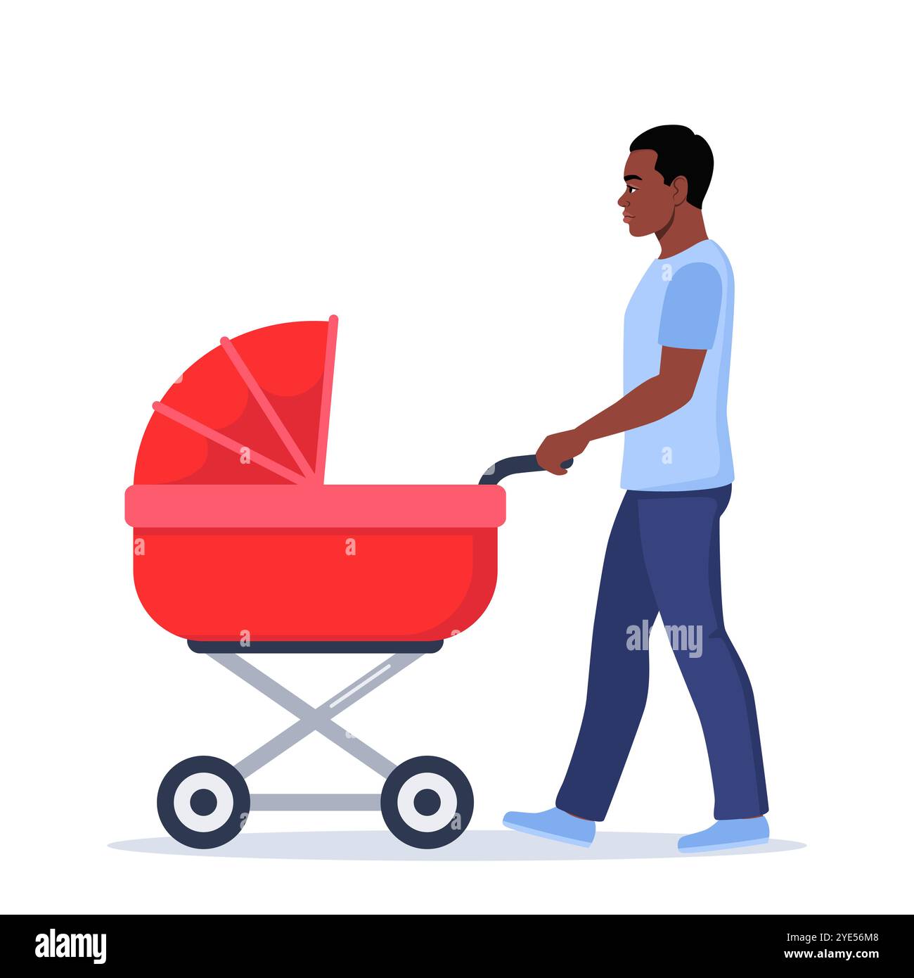 Young daddy walks with a baby in a stroller. Black Man with newborn son ...