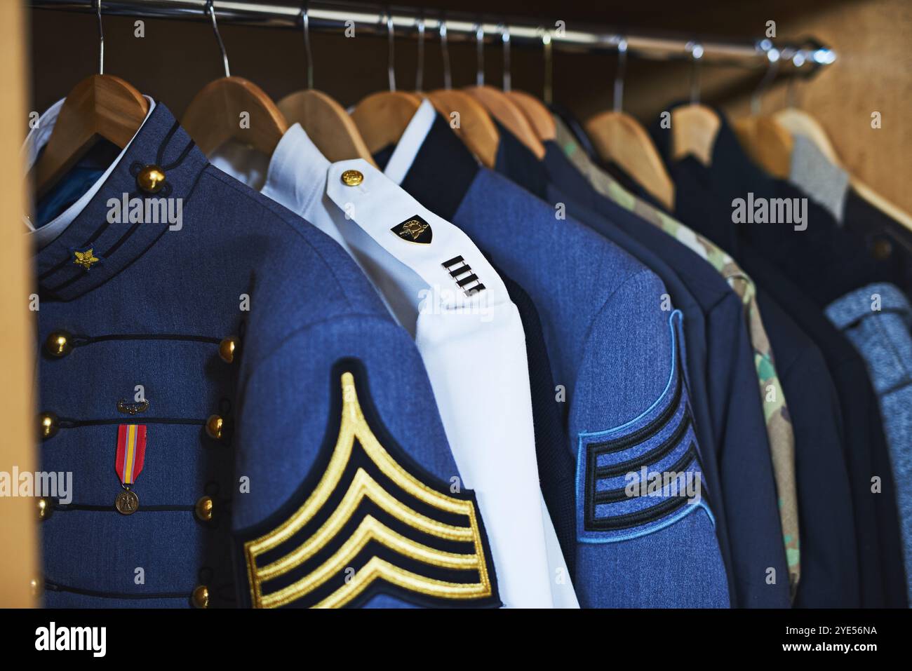 Jacket, duty and uniform for military, service and clothes hanging in ...