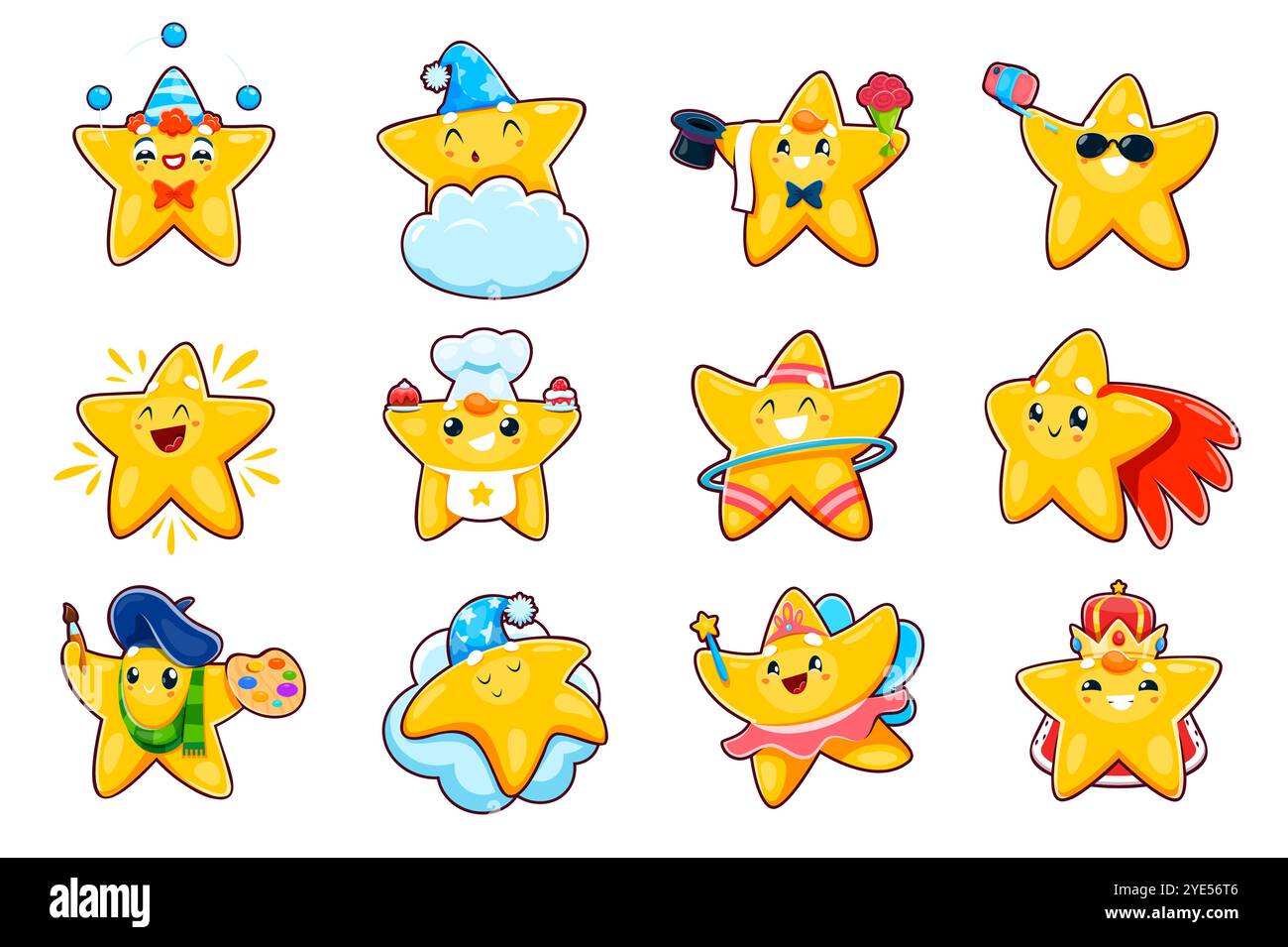 Cute kawaii star characters, cartoon little twinkle and superstar ...