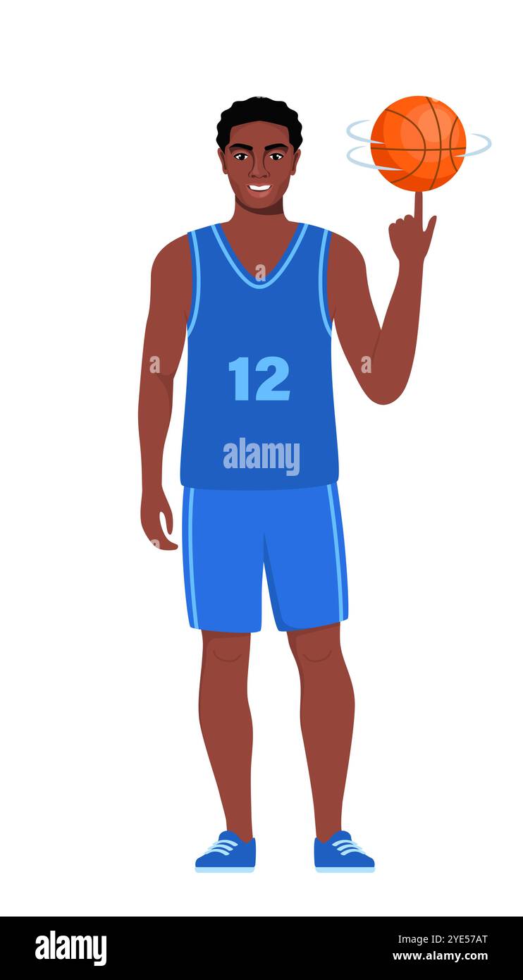 Happy black man basketball player in uniform with ball isolated on ...