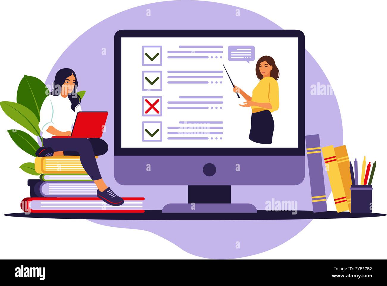 Concept of online exam on internet. Woman sitting near online form ...