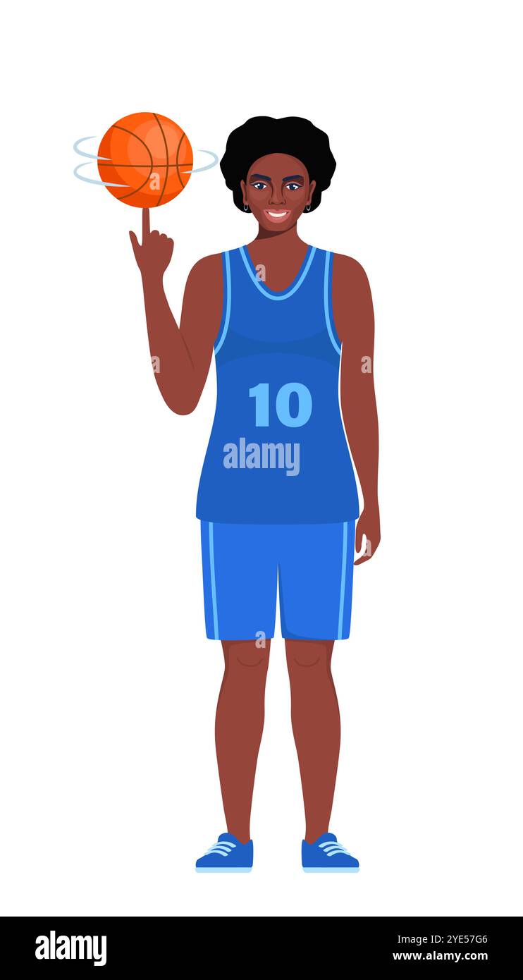 Happy black woman basketball player in uniform with ball isolated on ...