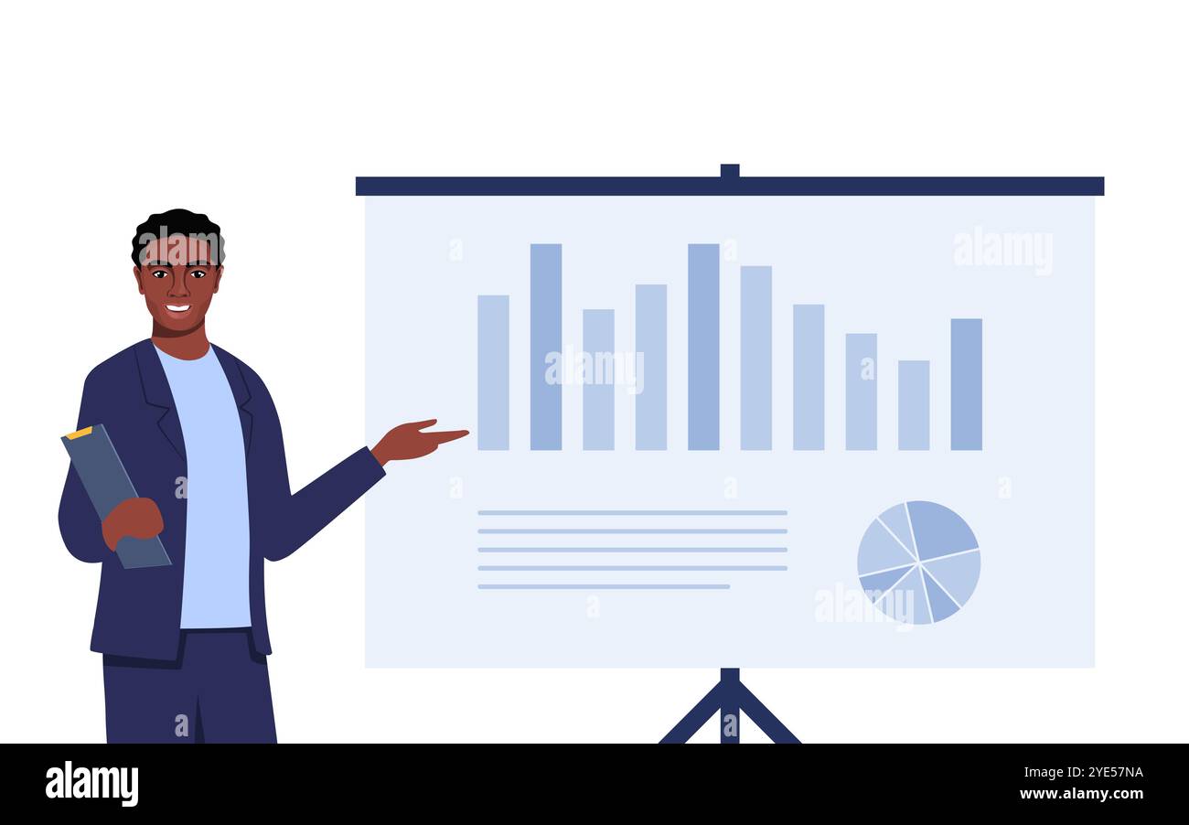 Man speaker pointing at presentation on white board during business ...