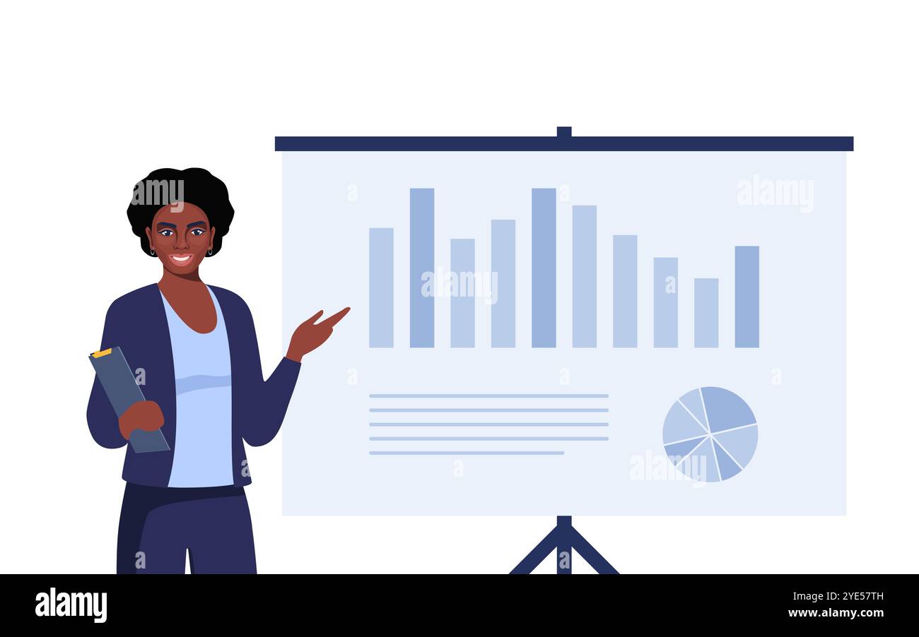 Female speaker pointing at presentation on white board during business ...