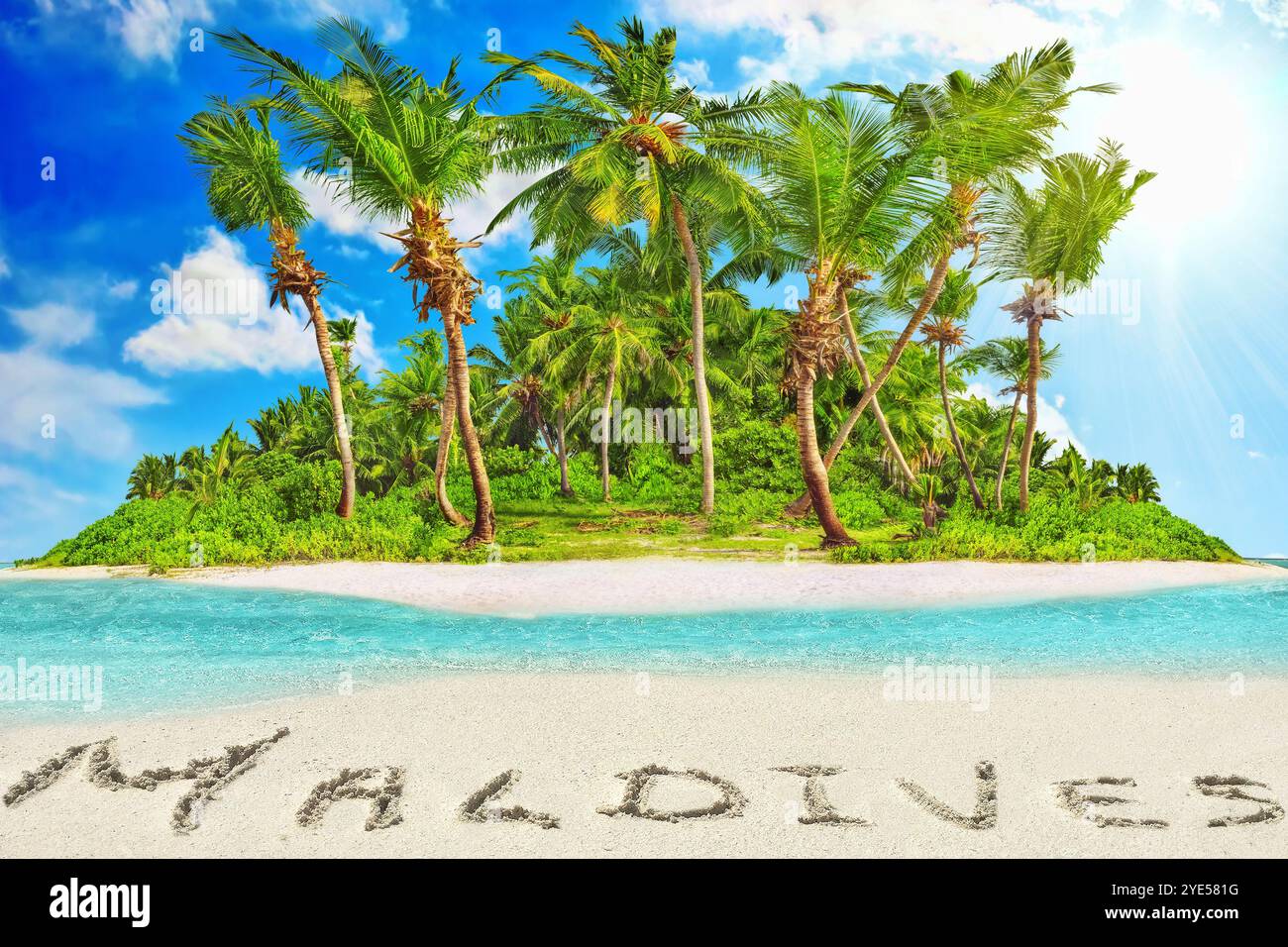 Whole tropical island within atoll in tropical Ocean. Uninhabited and ...