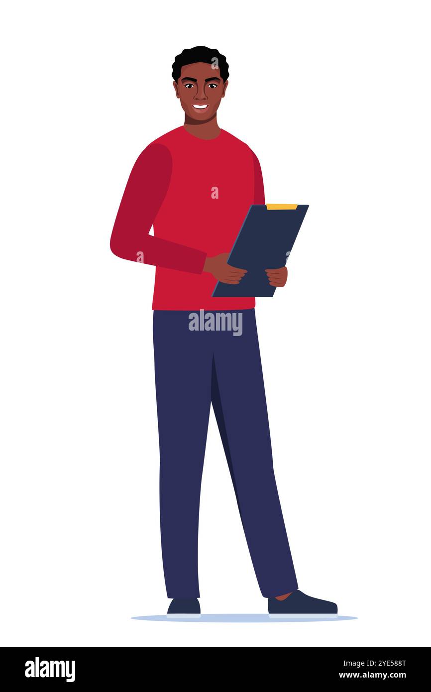 Young character with clipboard standing isolated on white background ...