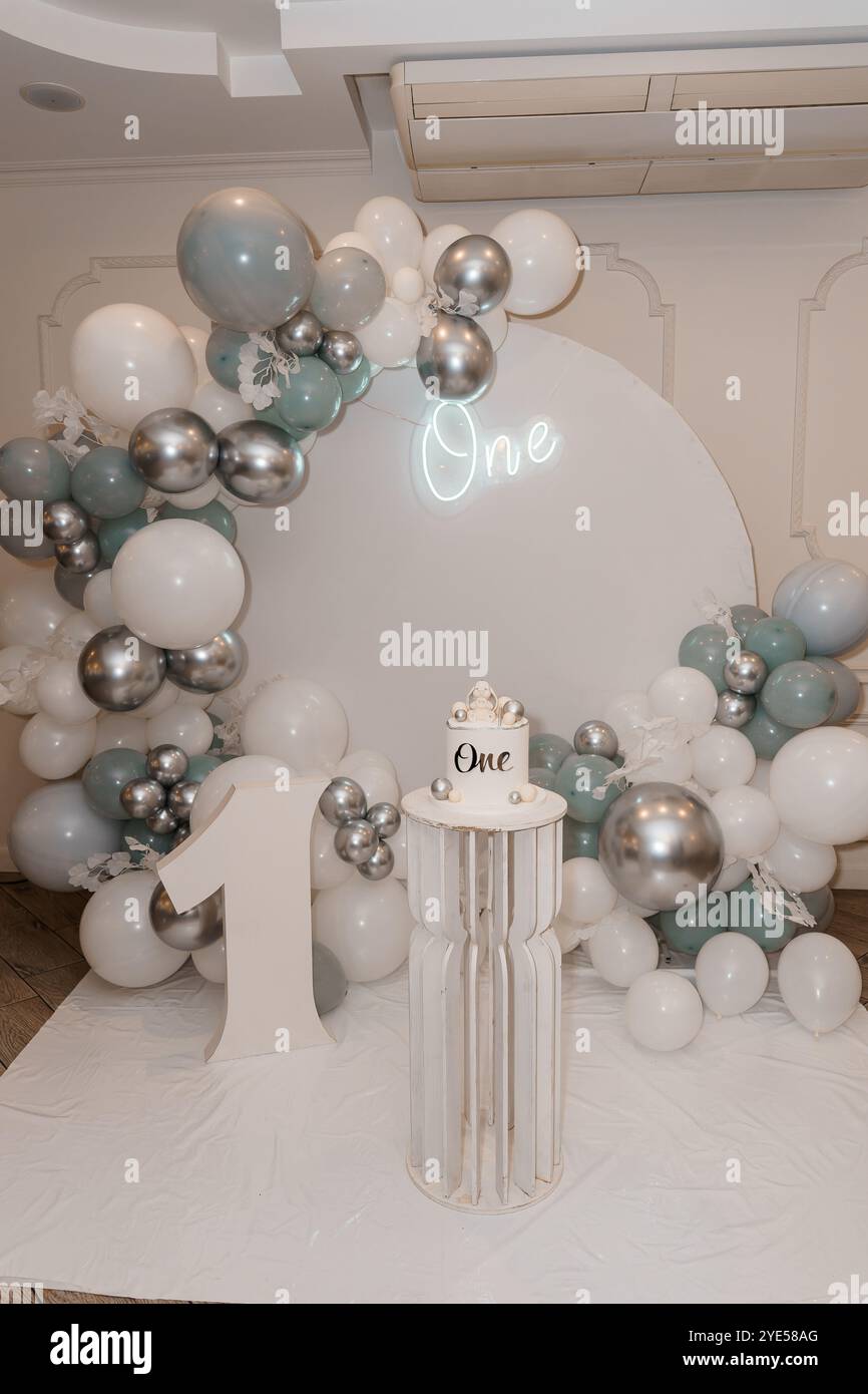 Elegant Birthday Celebration Setup with Cake and Balloons Stock Photo ...