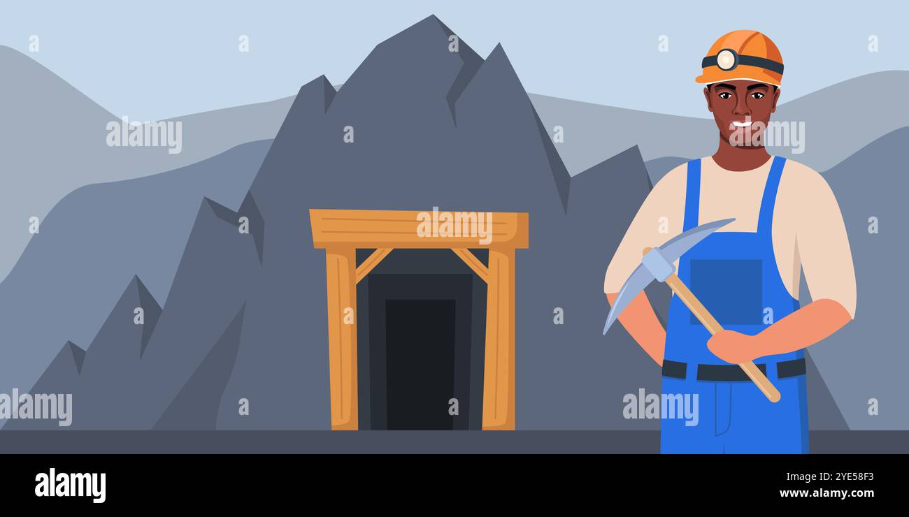 Mine cave entrance. Miner man character, coal or minerals mining ...