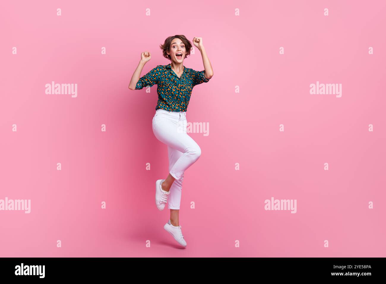 Full body length photo of young active office administration manager ...