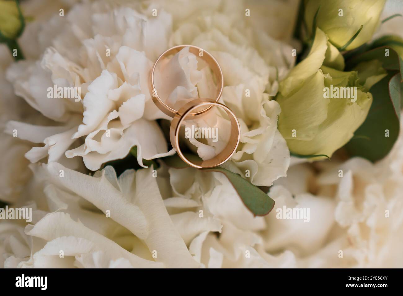 Elegant Wedding Rings Nestled Among Creamy Floral Arrangement Stock ...