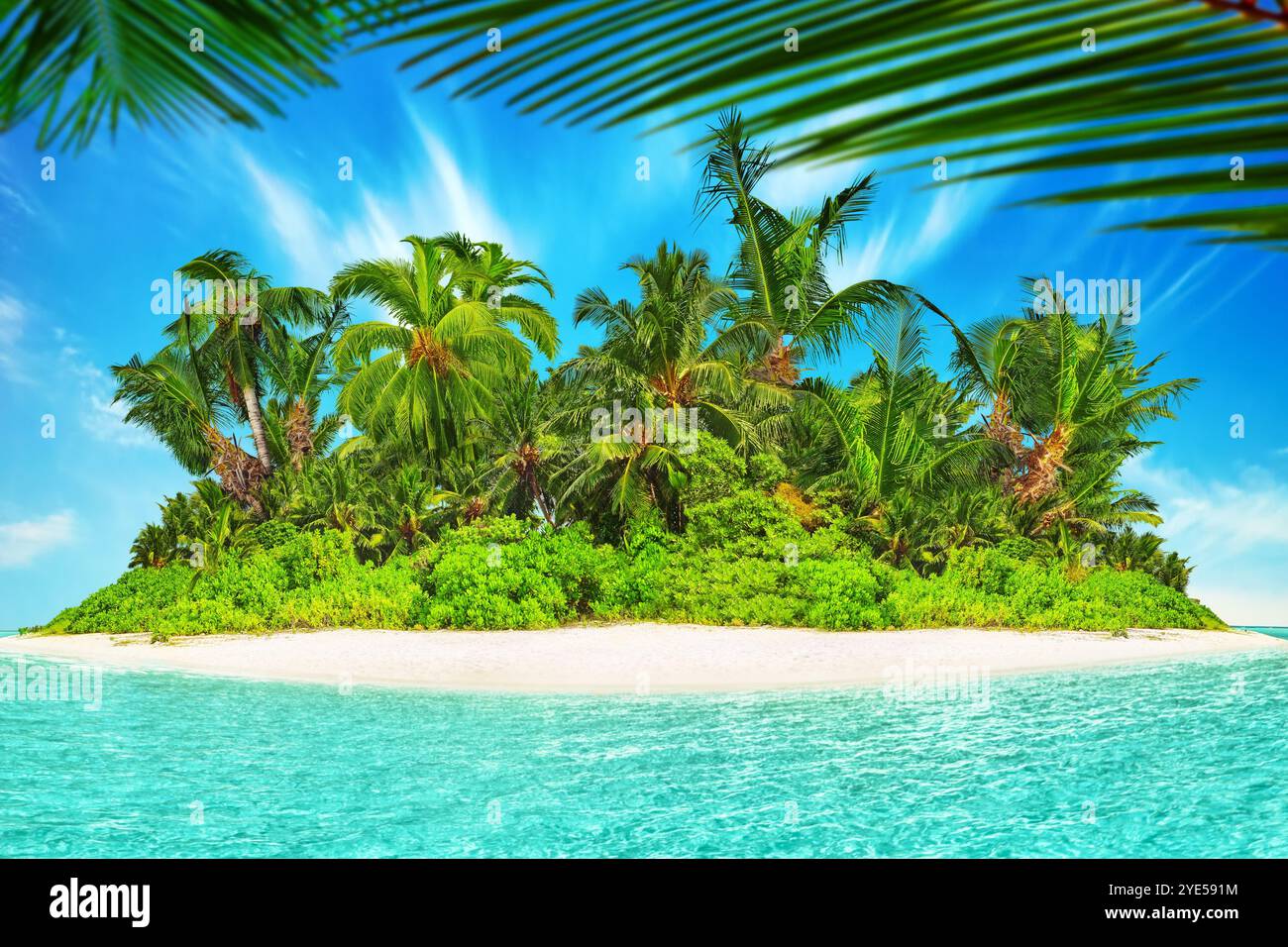Whole tropical island within atoll in tropical Ocean. Uninhabited and ...