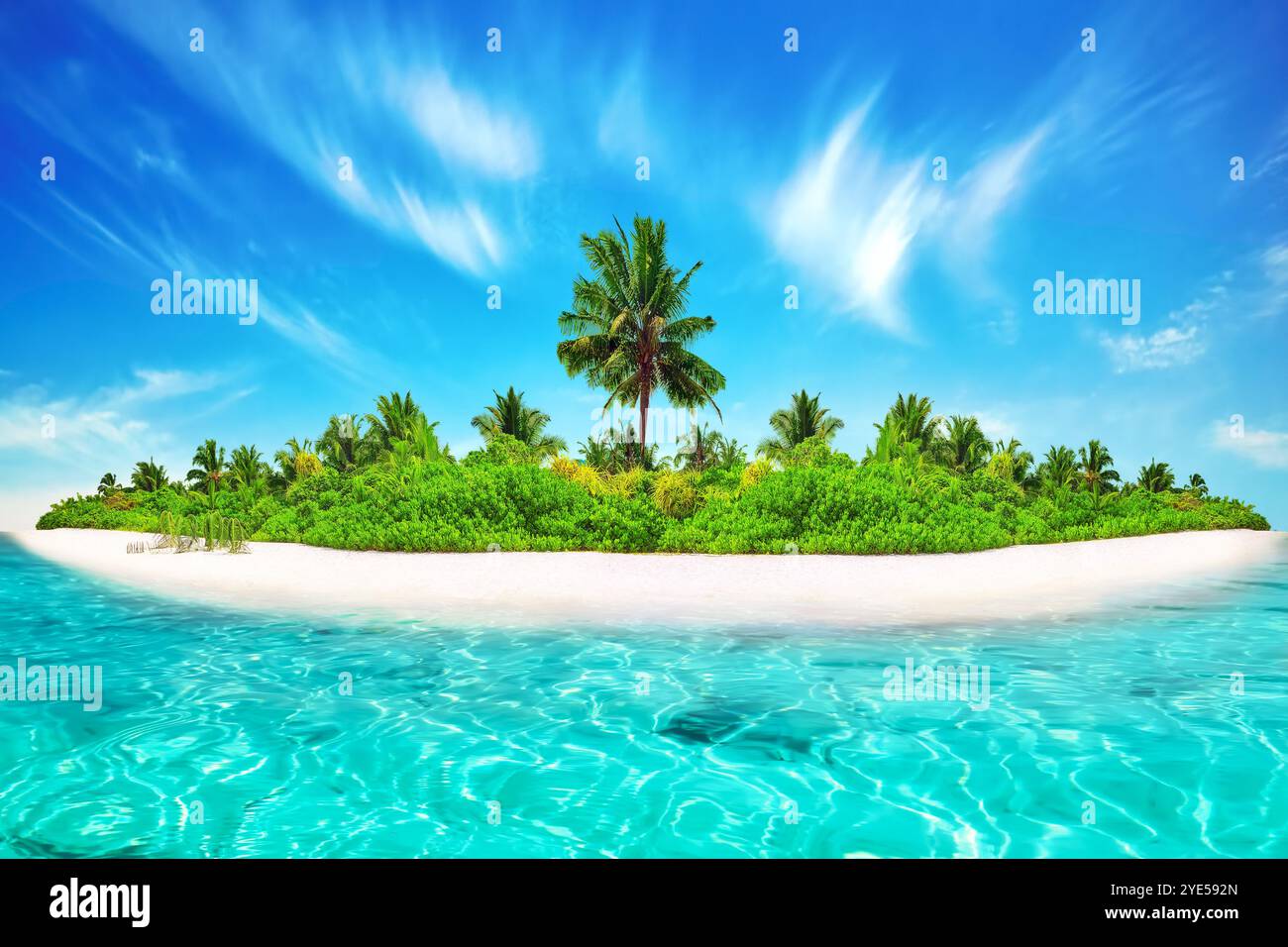 Whole tropical island within atoll in tropical Ocean. Uninhabited and ...
