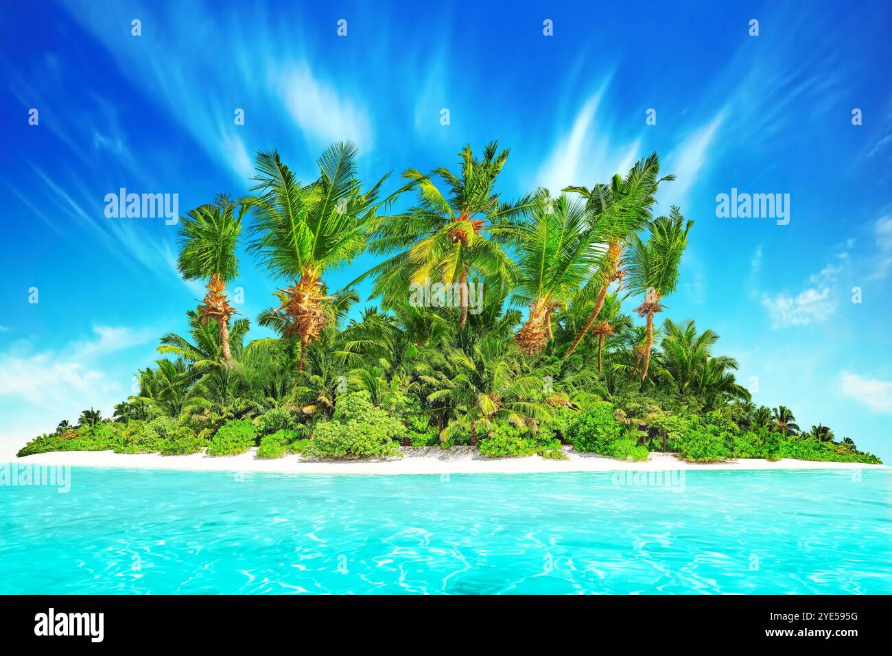 Whole tropical island within atoll in tropical Ocean. Uninhabited and ...