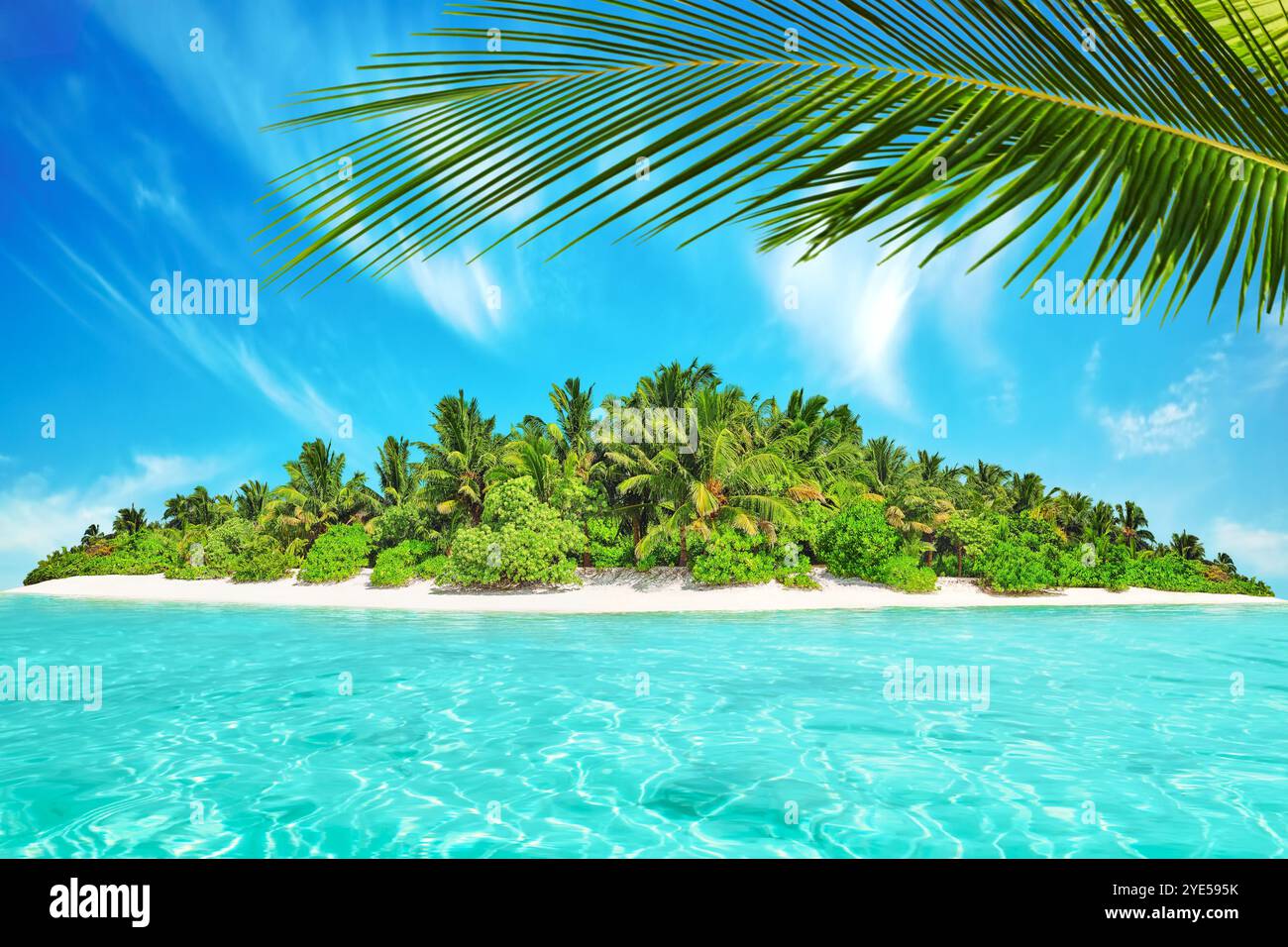 Whole tropical island within atoll in tropical Ocean. Uninhabited and ...