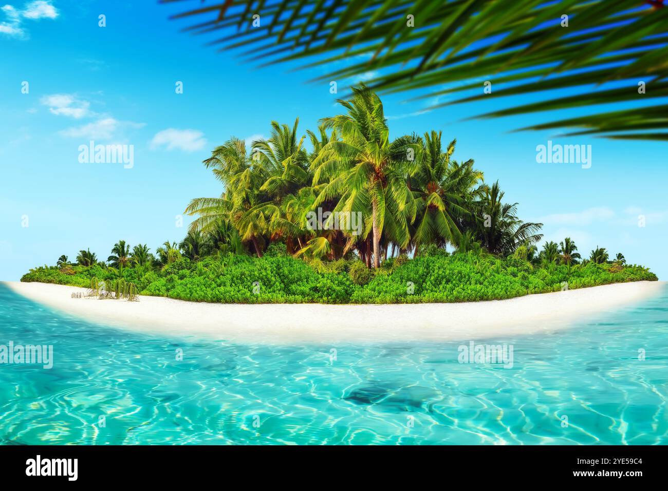 Whole tropical island within atoll in tropical Ocean. Uninhabited and ...