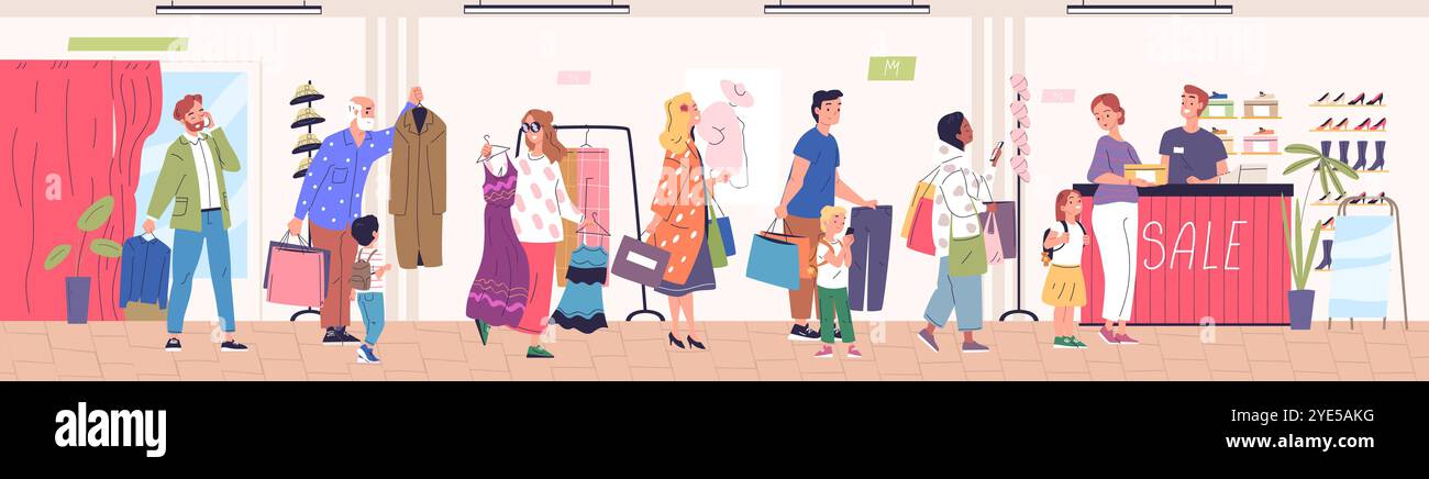 Clothing store queue. Customers standing line at cashier counter in ...