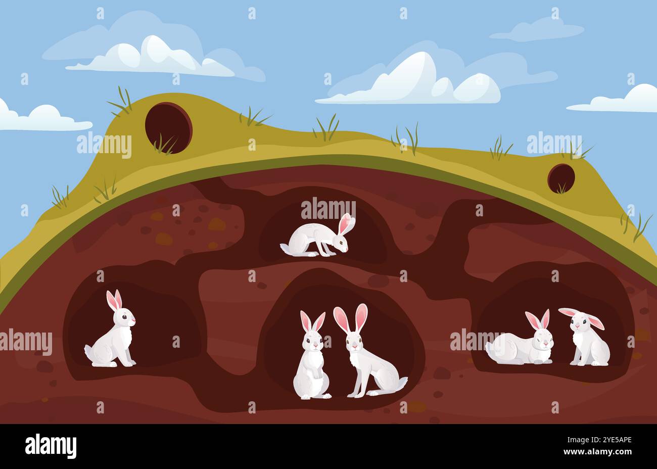 Rabbit burrow. Cute rabbits family in underground hole labyrinth, baby bunny kids under ground ...