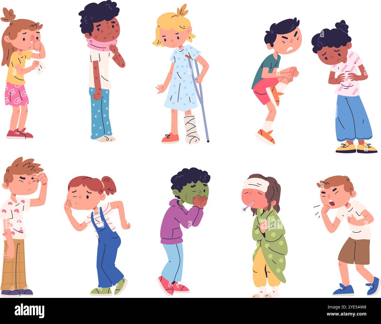 Cartoon sickness children. Sick kids with headache vomit cough ...