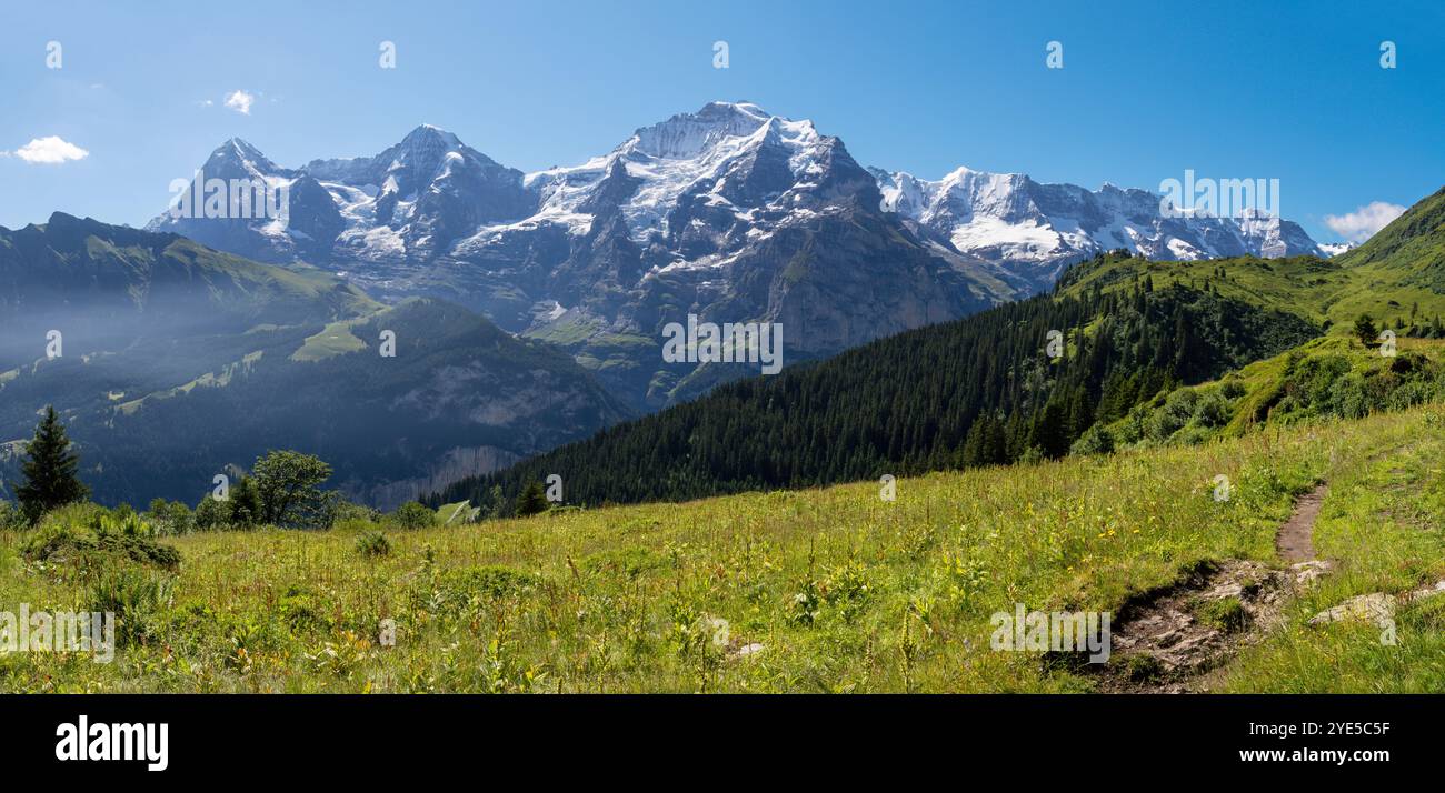 The panorama of Bernese alps with the Monch, Eiger and Jungfrau and too ...