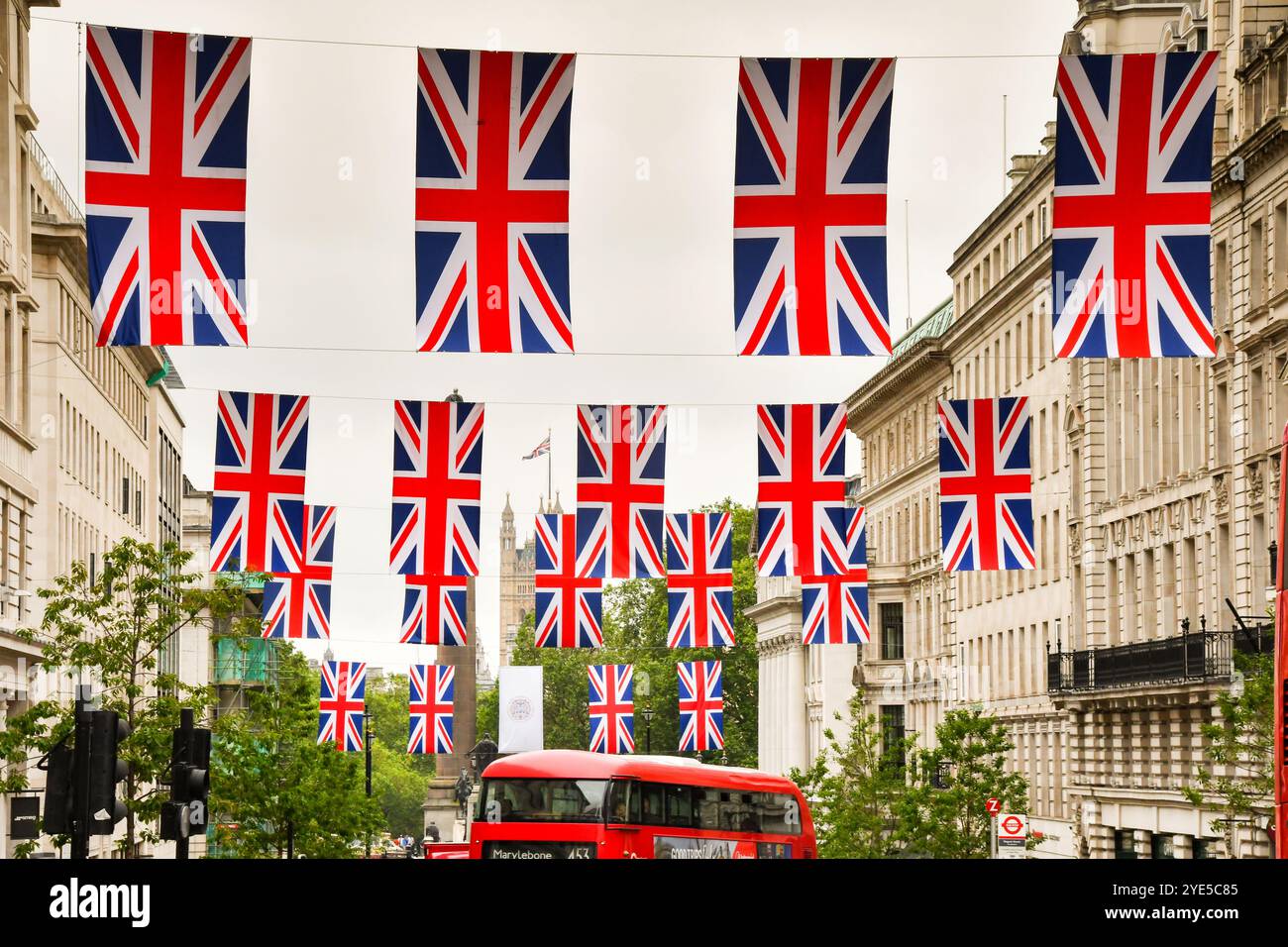 London, England, UK - 27 June 2023: Rows of Union jack flags hanging ...