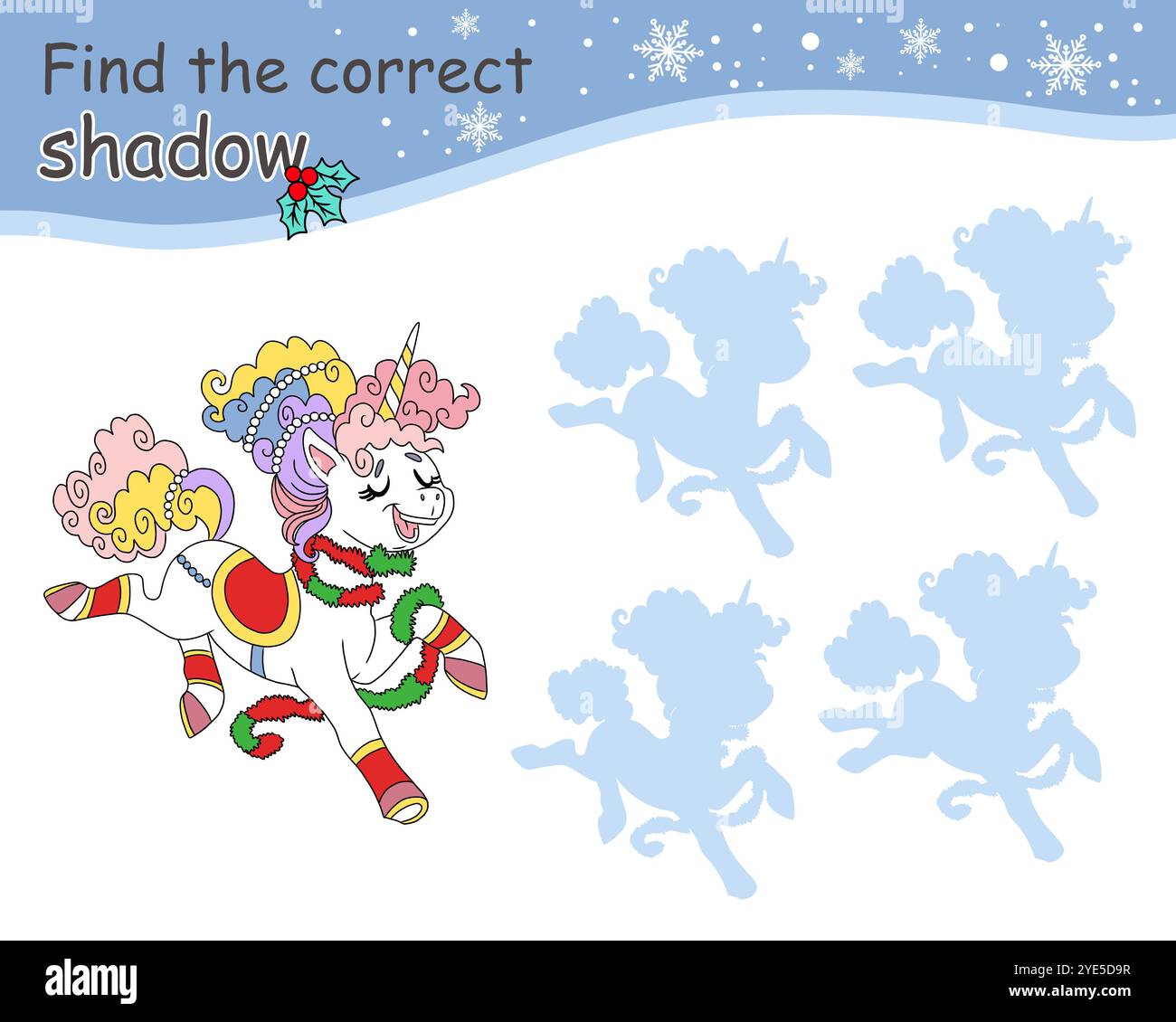 Find correct shadow. Educational puzzle game for kids. Cute unicorn ...