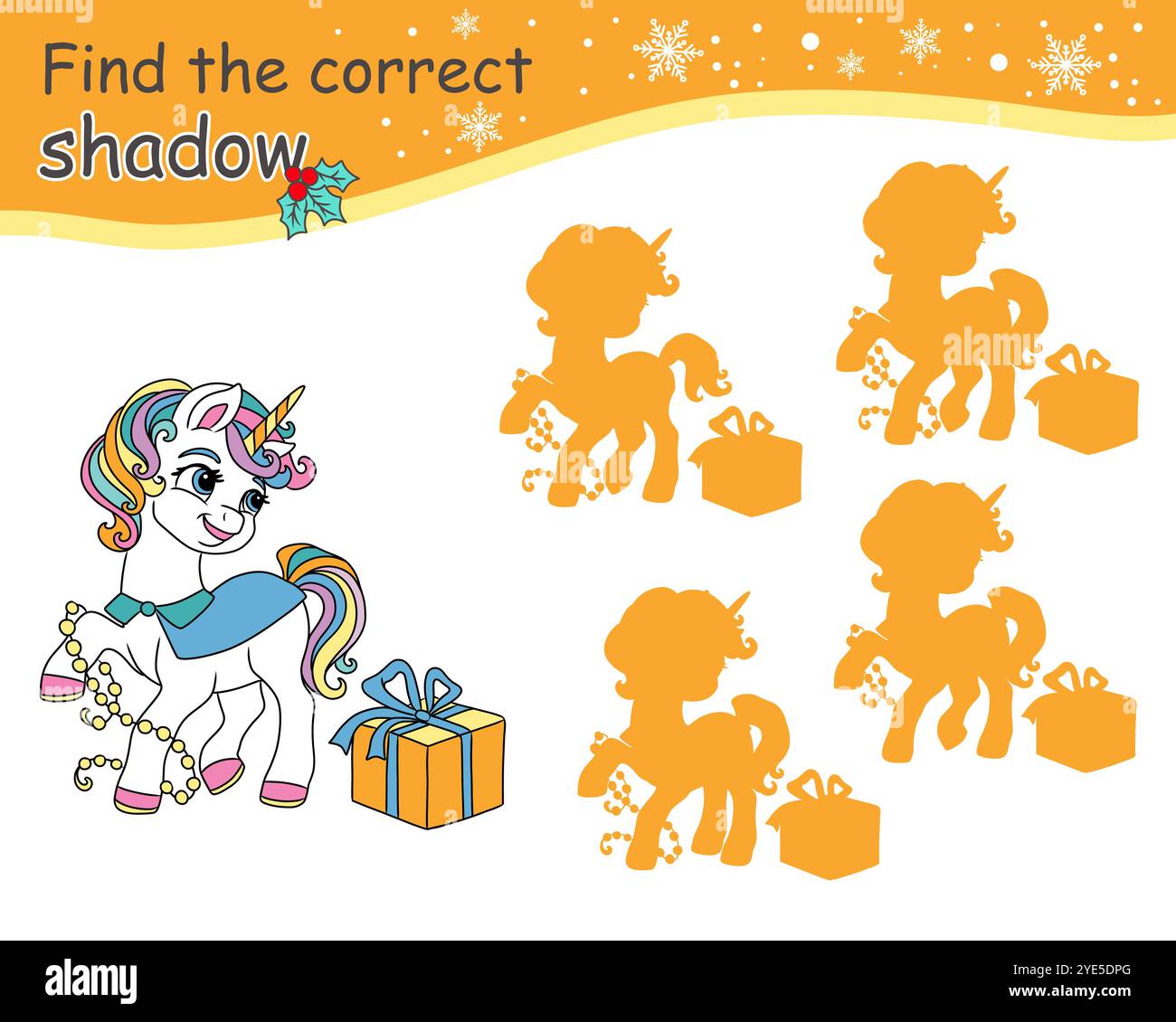 Find correct shadow. Educational puzzle game for kids. Cute unicorn and ...