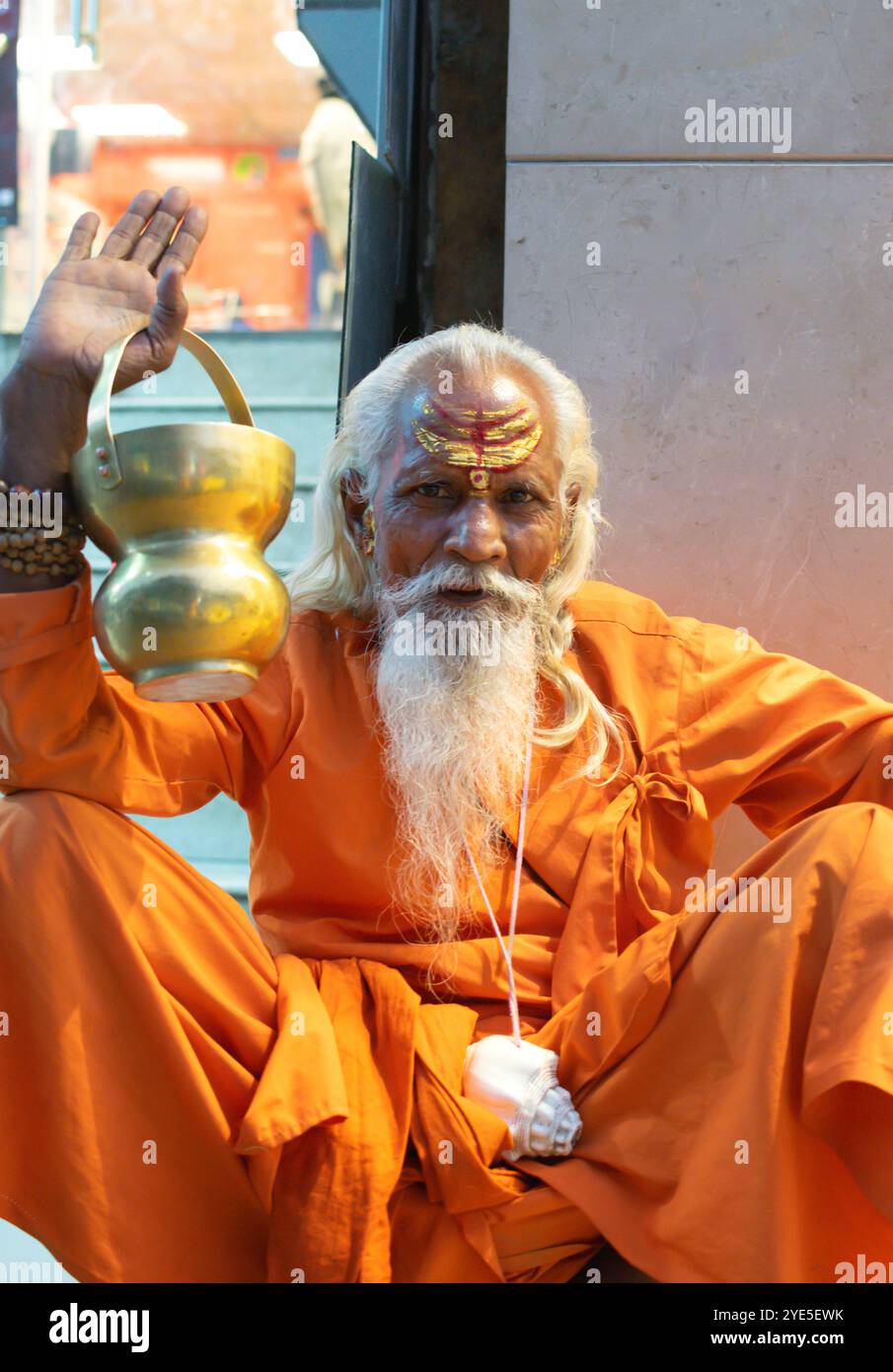 Ascetic monk Sadhu in India with beard, white hair and painted face ...
