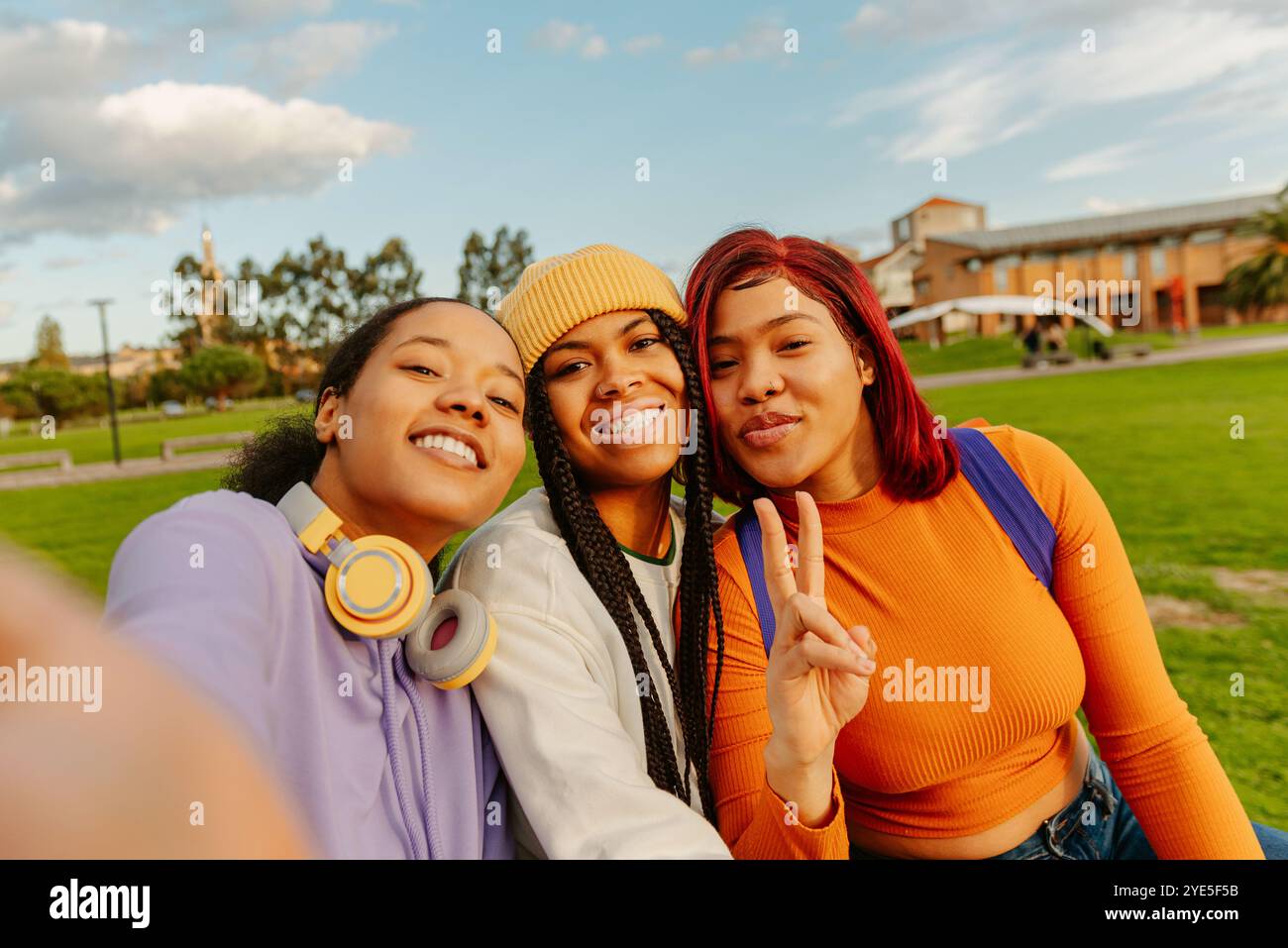 Three Joyful Young College Girls Posing For A Selfie Displaying Bright 1477