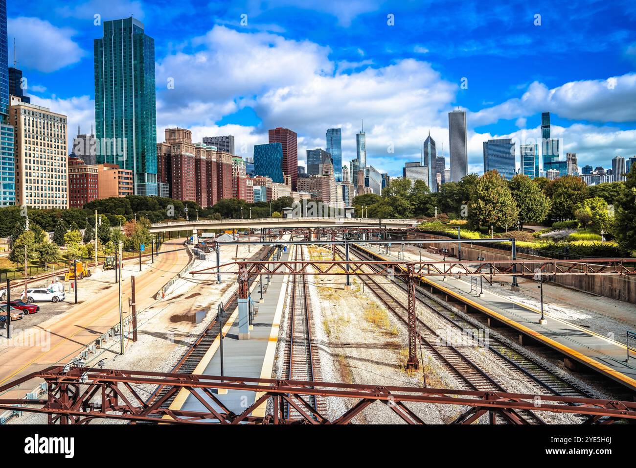 Chicago skyline and train yard view, state of Illinois, USA Stock Photo ...