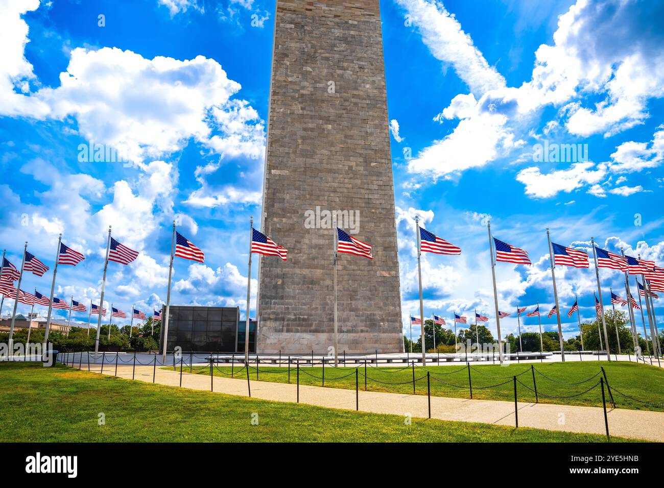 Washington monument park and USA flags view, Washington DC, capital of ...