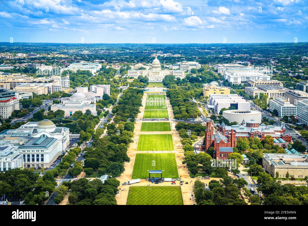 Washington DC cityscape aerial panoramic view, US Capitol and the mall view, capital of USA ...