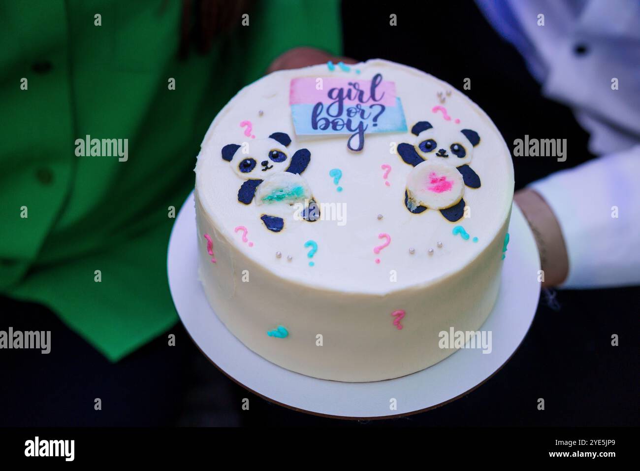 Adorable Gender Reveal Cake Featuring Panda Decorations and Colorful ...