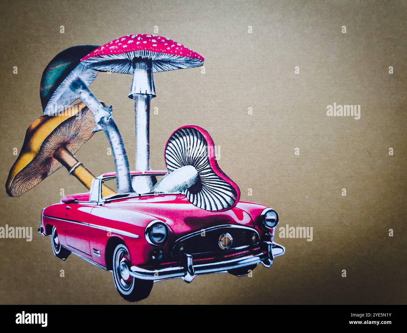 Conceptual surreal collage art of a red car with four different ...