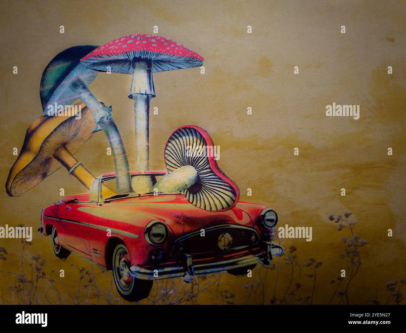 Conceptual surreal collage art of a red car with four different ...