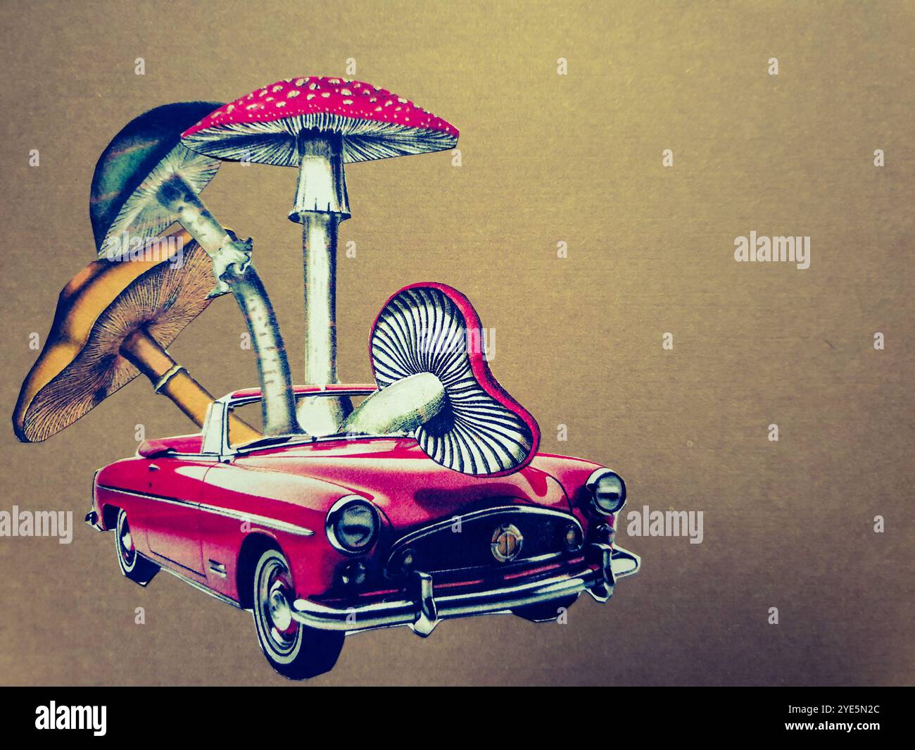 Conceptual surreal collage art of a red car with four different ...