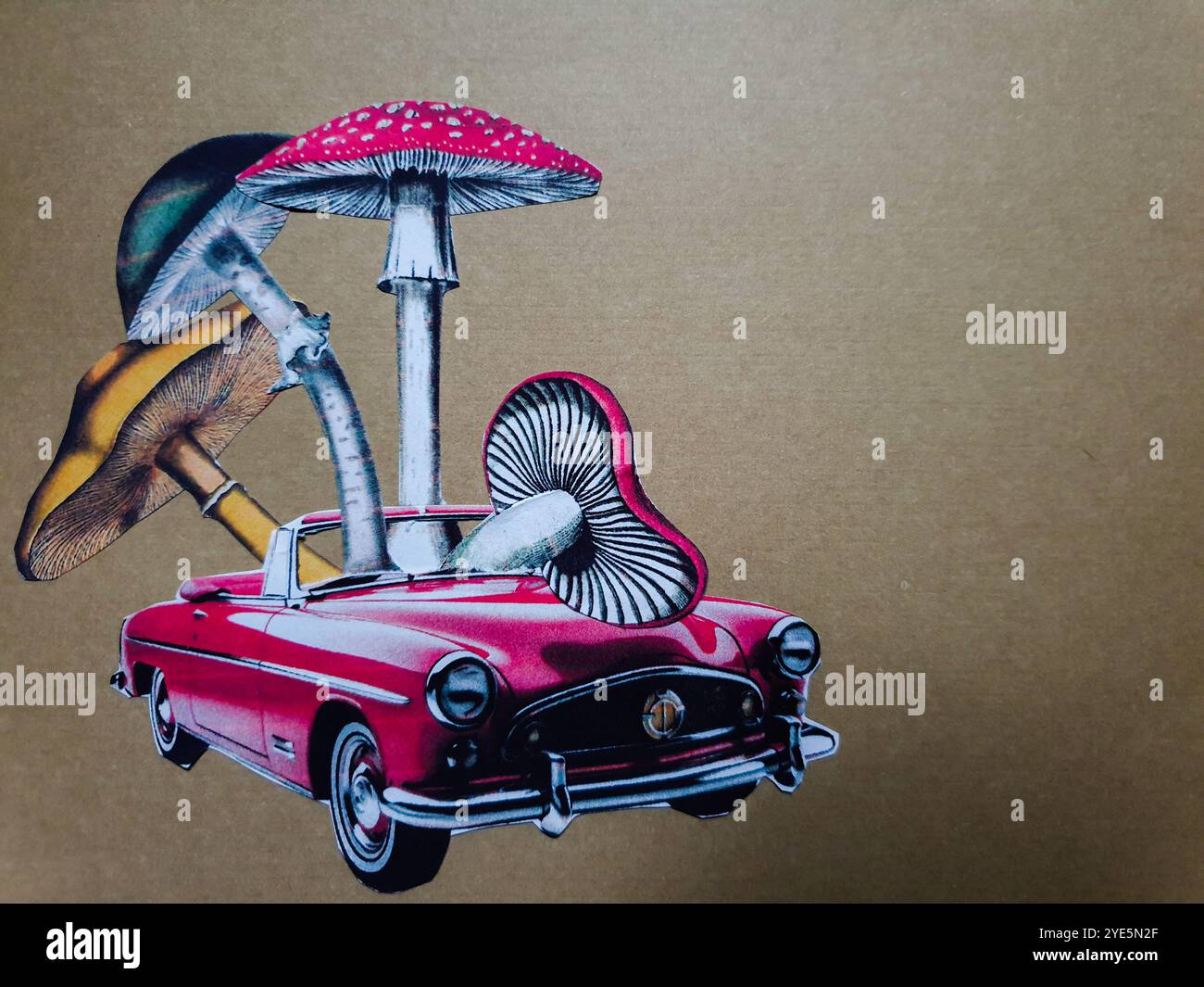 Conceptual surreal collage art of a red car with four different ...