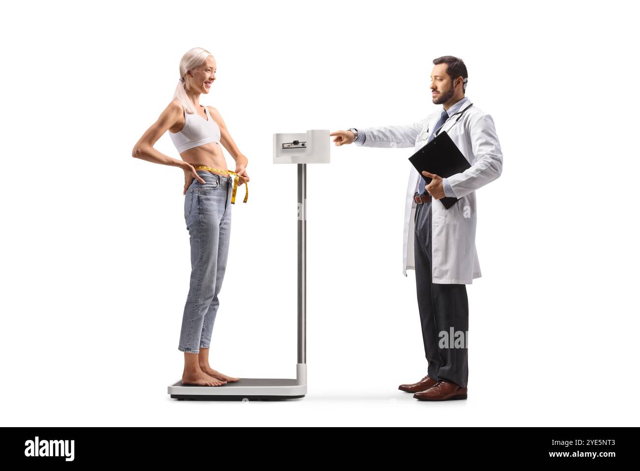 Doctor measuring underweight female patient on a scale isolated on ...