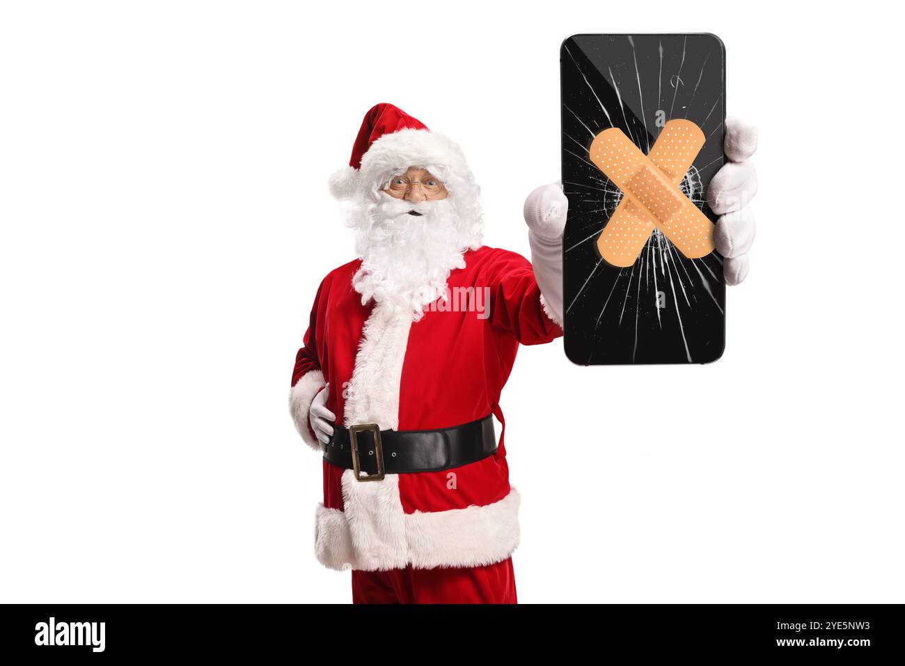 Santa Claus holding a broken smartphone fixed with adhesive tape ...