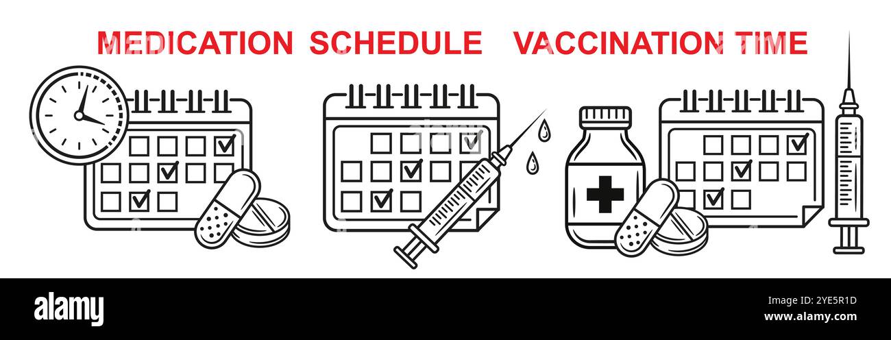 Medication schedule, medicine vaccination calendar, medical pill time ...