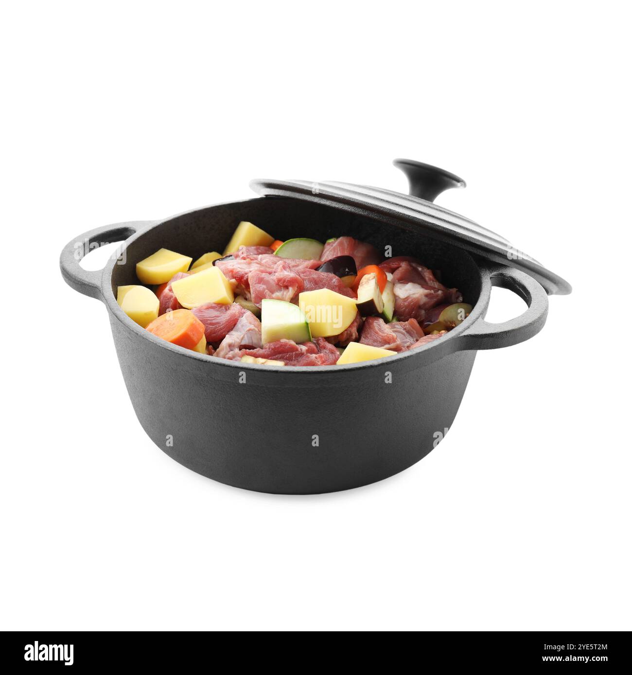 Cooking stew. Uncooked meat and vegetables in pot isolated on white ...