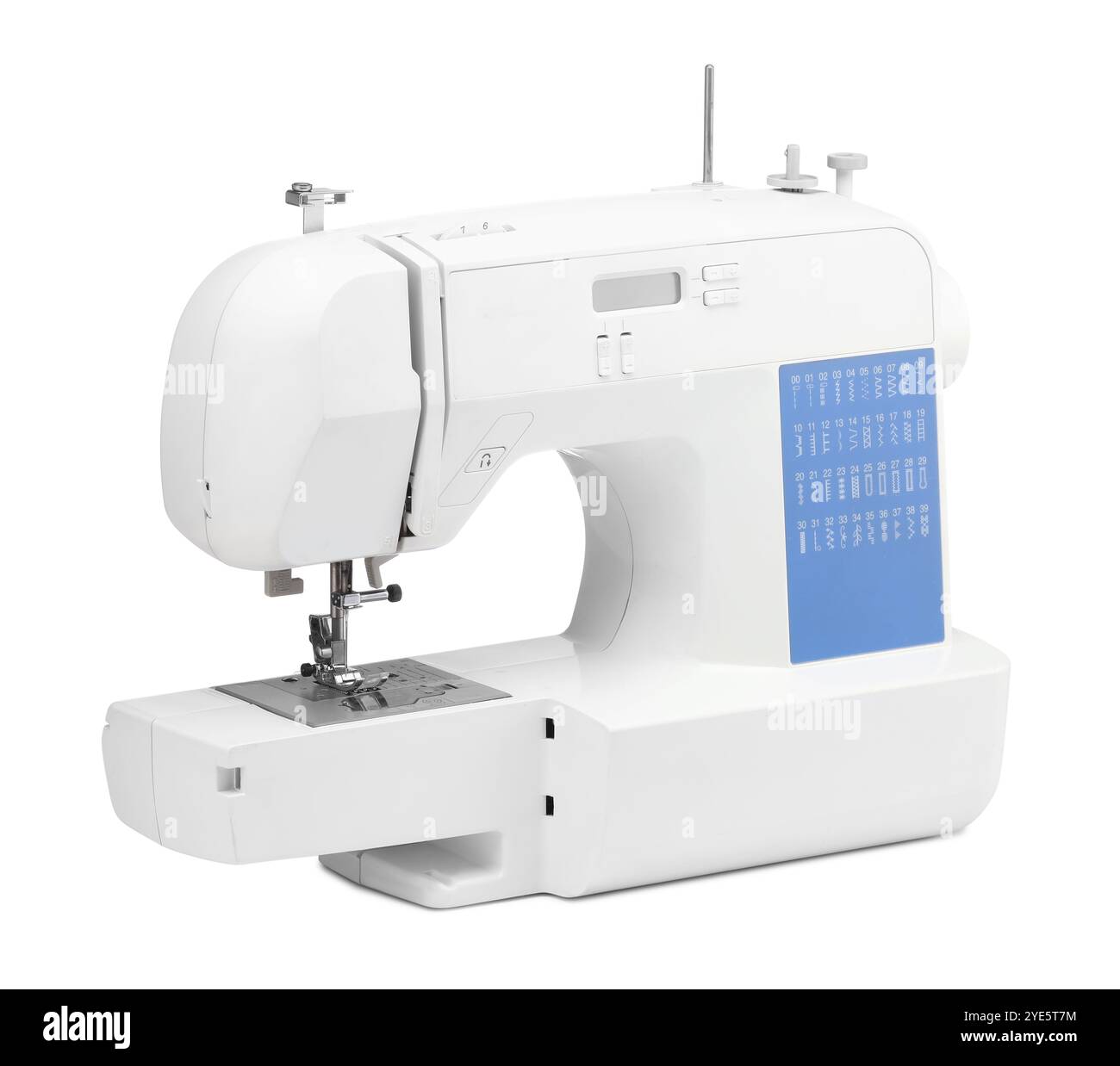 One modern sewing machine isolated on white Stock Photo - Alamy