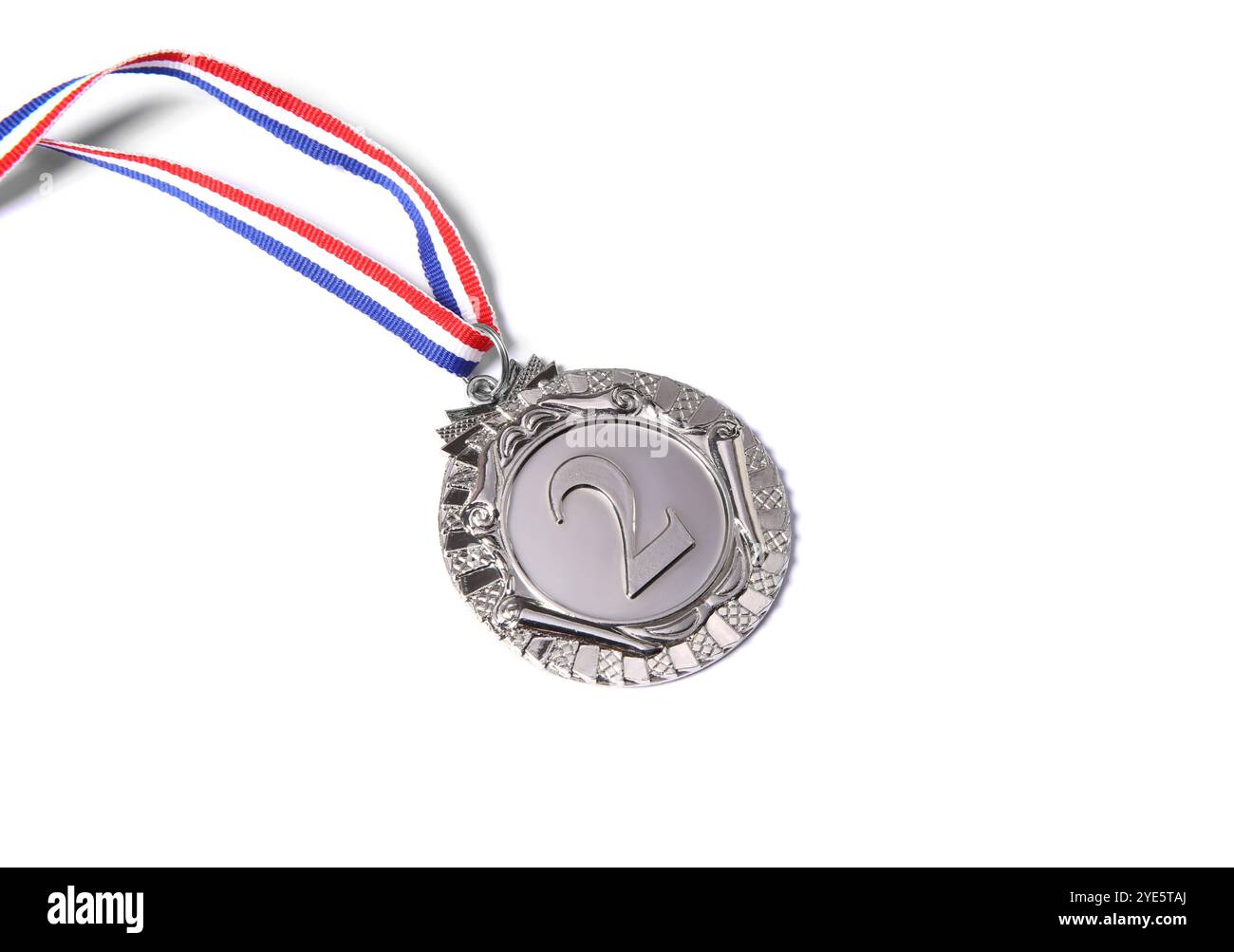 One silver medal with ribbon isolated on white Stock Photo - Alamy