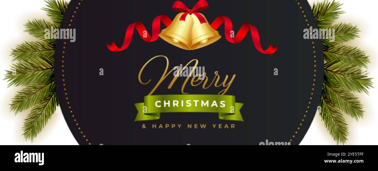merry christmas realistic banner with bells and pine tree leaves Stock ...
