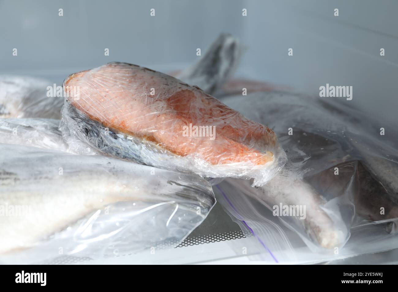 Different frozen fishes in plastic bags on refrigerator shelf, closeup ...