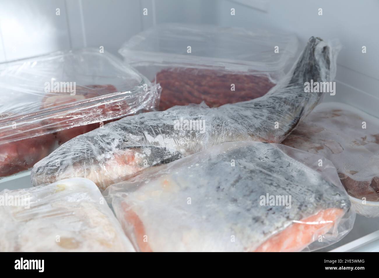 Different frozen meat and fish products on refrigerator shelf, closeup ...