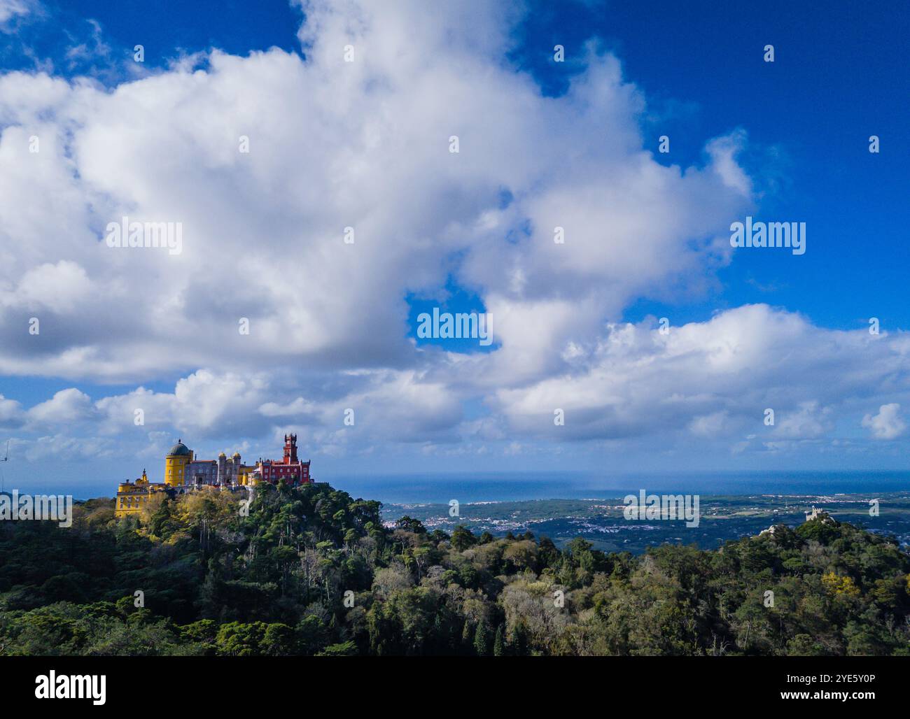National Palace of Pena in Sintra, Lisbon, Portugal. Aerial panoramic ...