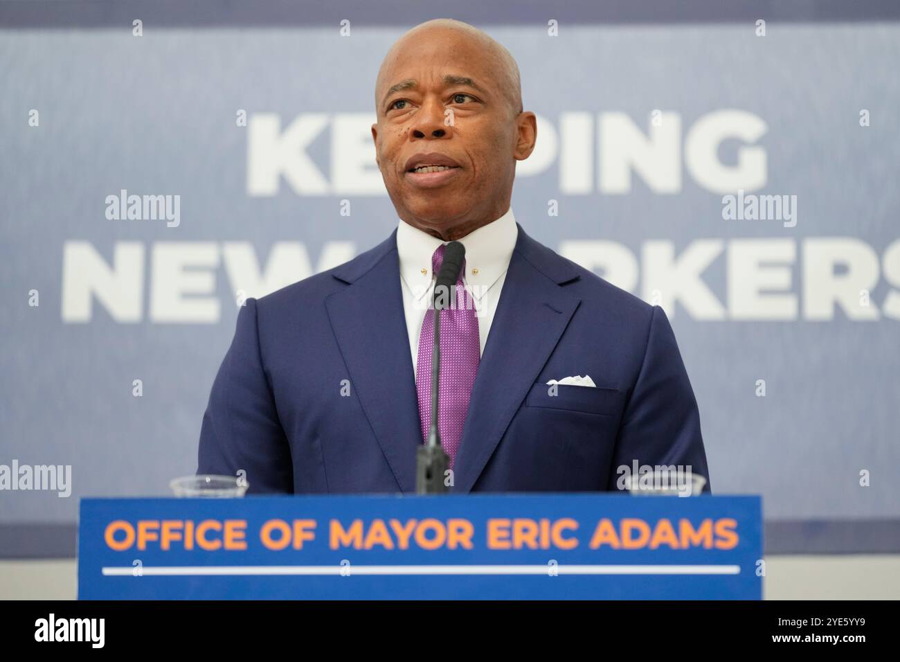 FILE - New York City Mayor Eric Adams speaks to reporters after a news ...