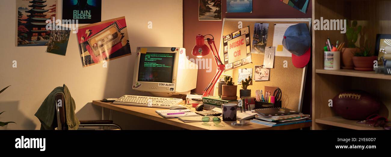 Cozy desk setup with vintage computer and vibrant decor, including ...
