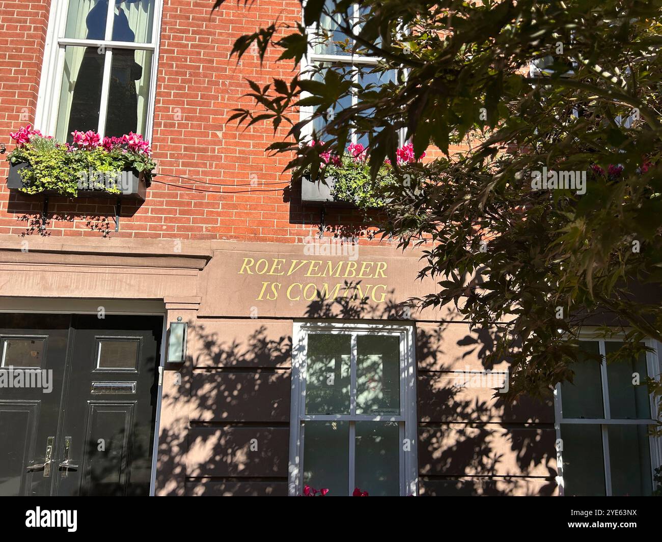 Roevember Is Coming' sign stenciled on residential building exterior ...