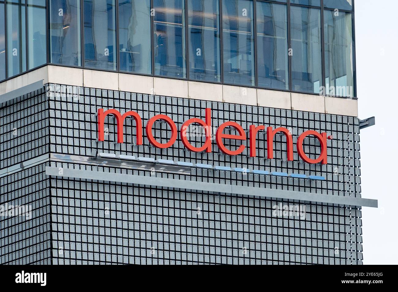 Warsaw, Poland. 28th Oct, 2024. A Moderna logo seen on the window in ...